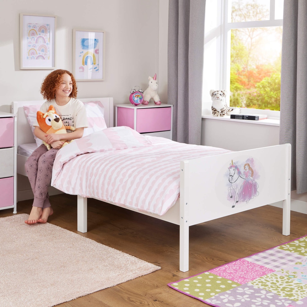 Kids White Single Bed – Princess and Unicorn