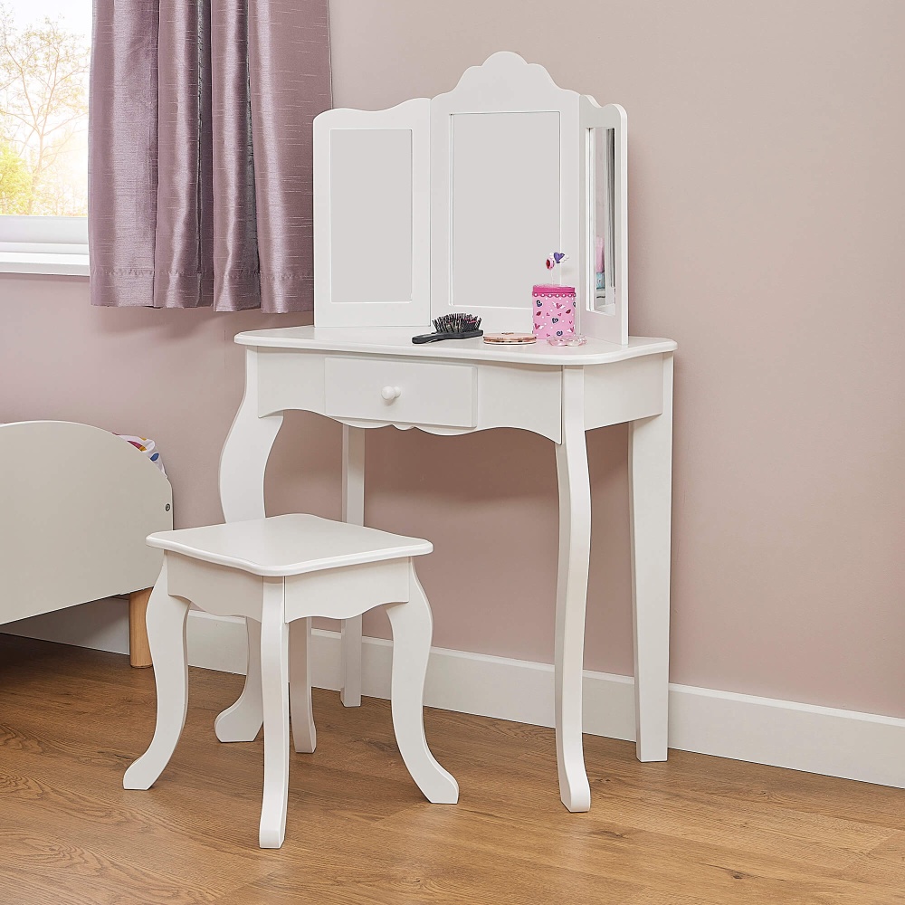Kids White Vanity Table and Stool Set