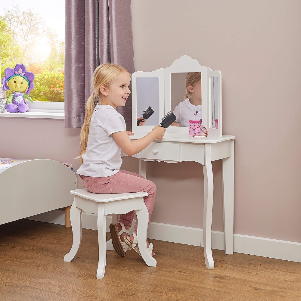 Kids White Vanity Table and Stool Set